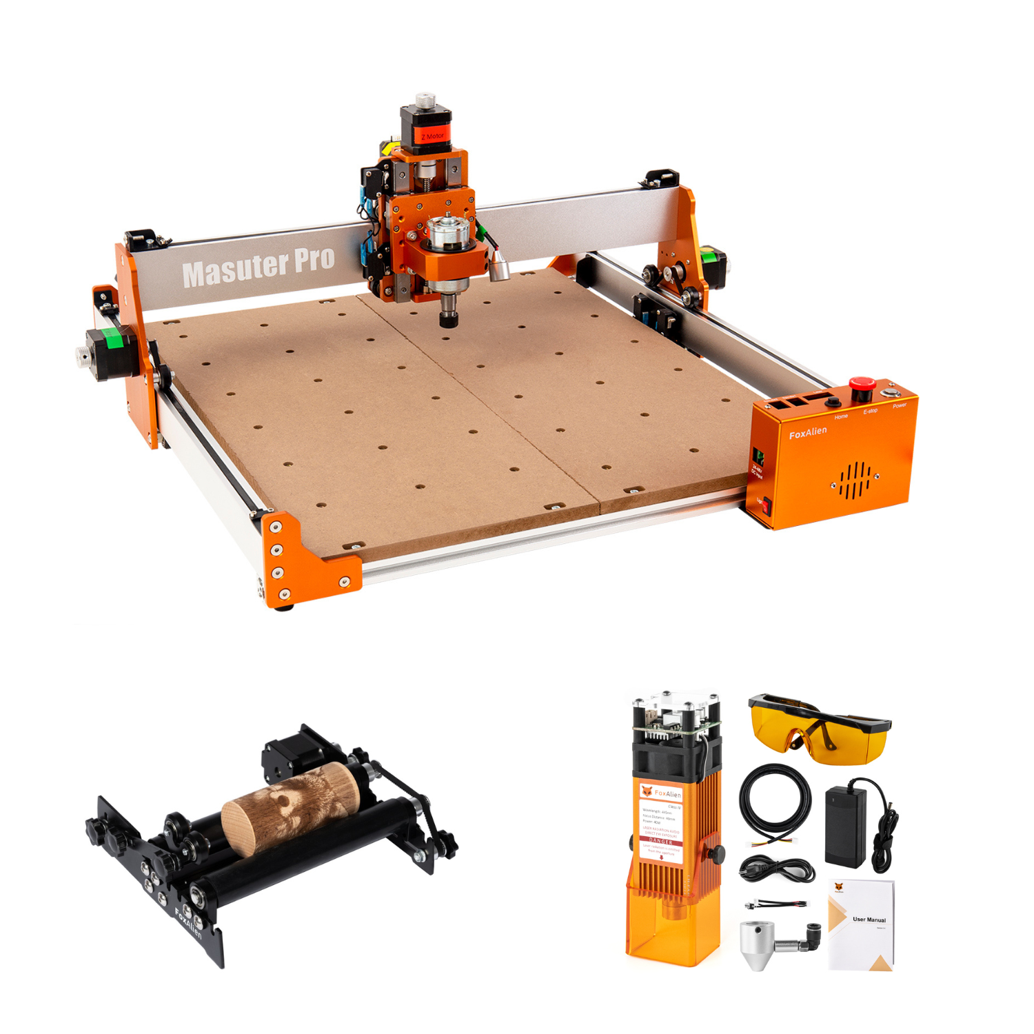 CNC Router Masuter Pro with 40W and Black R42 Rotary Roller Kit